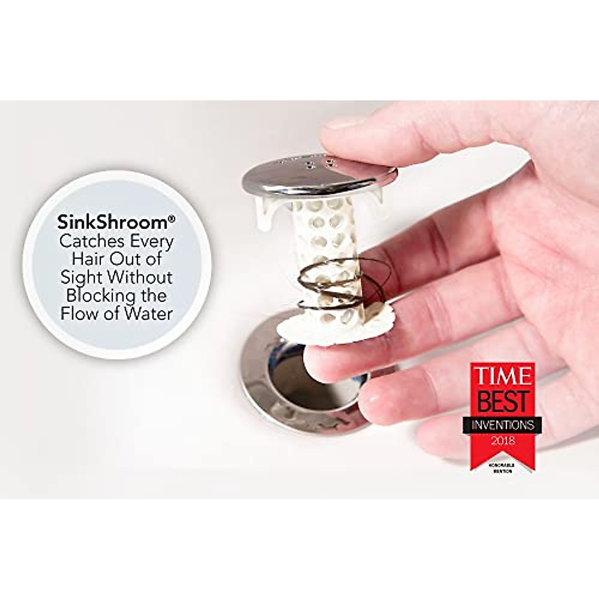 SinkShroom Revolutionary Bathroom Sink Drain Protector Hair Catcher, Strainer, Snare, White Chrome with Stopper