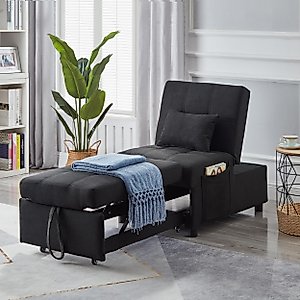 Pull Out Sleeper Chair Ottoman Bed Comfy Convertible Chair Bed Linen Fabric Futon with Storage Pocket Single Sofa Bed Small Recliners for Small Spaces Living Room Bedroom Apartment, Black