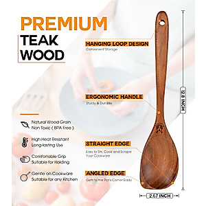 Wooden Spoons for Cooking, Natural Premium Teak Wood Corner Spoon, Good Grip Large Wooden Spoons and Wooden Spatula, Heat Resistant Wooden Cooking Utensils for Nonstick Cookware Cooking Gifts