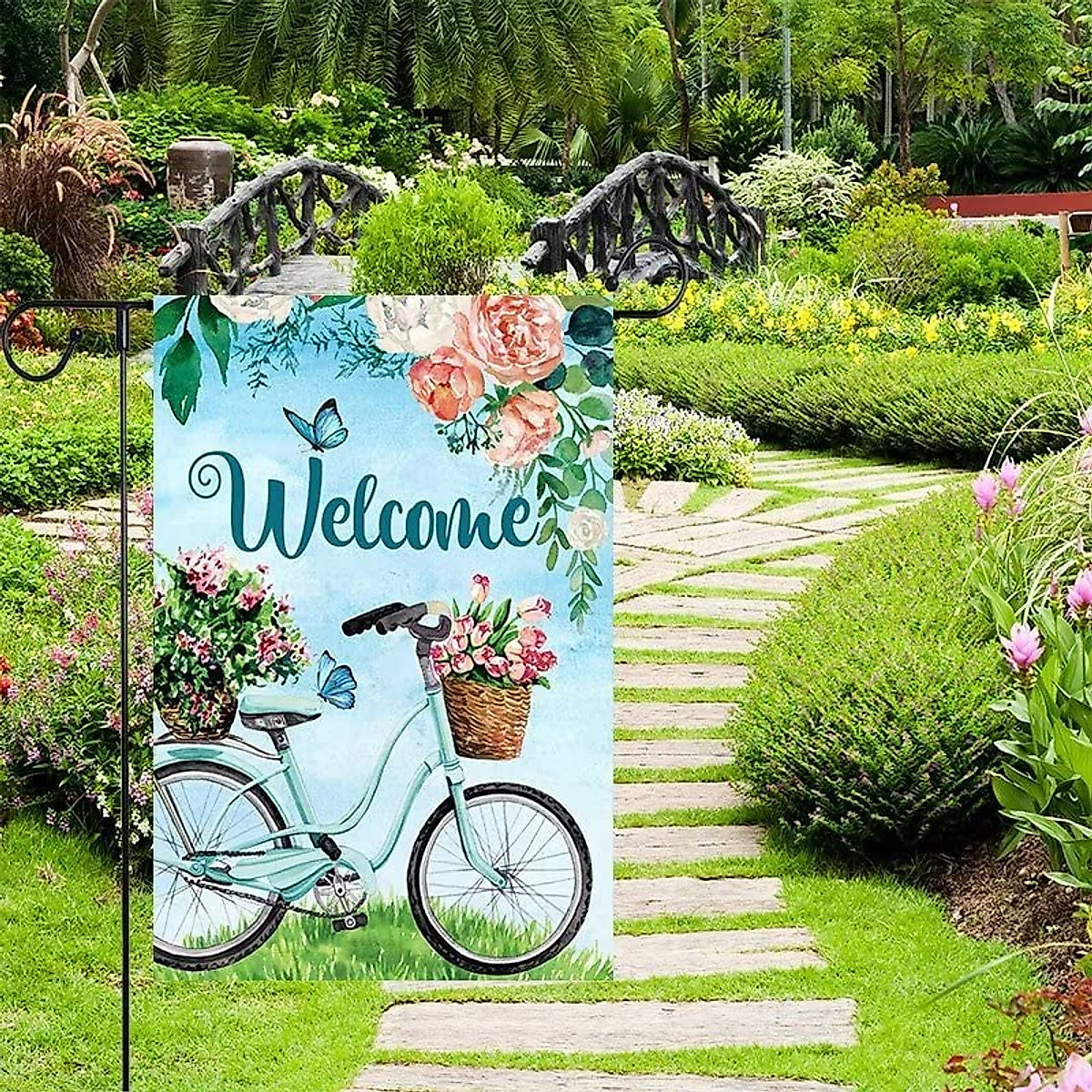 ShineSnow Welcome Spring Summer Bike Blossom Flowers Daisy Butterfly Seasonal Landscape Garden Yard Flag 12"x 18" Double Sided Polyester Welcome House Flag Banners for Patio Lawn Outdoor Home Decor