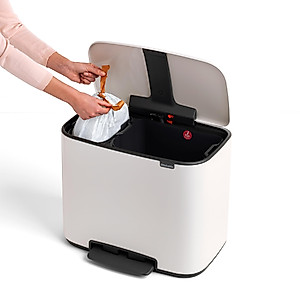 Brabantia Bo Step-On Pedal Trash Can - 3 + 6 Gal Inner Buckets (White) Waste/Recycling Garbage Can, Removable Compartments + Free Bags