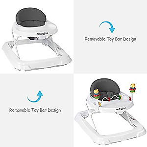 BABY JOY Baby Walker, Foldable Activity Walker Helper with Adjustable Height, Baby Activity Walker with High Back Padded Seat & Bear Toys, Gray