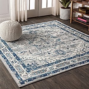 JONATHAN Y MDP106A-5SQ Modern Vintage Medallion Traditional Indoor Area-Rug Country Easy-Cleaning Bedroom Kitchen Living Room Non Shedding, 5' Square, Light Grey/Blue