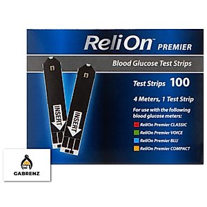 ReliOn Premier Blood Glucose Test Strips, 100 Count Bundle with Exclusive GABRENZ Fridge Magnet