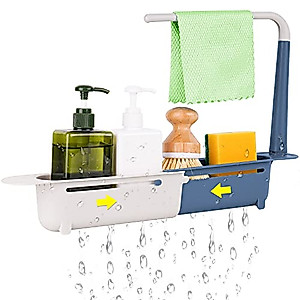 NiHome Telescopic Kitchen Sink Organizer with Towel Hanger and Expandable Drain Basket - Adjustable Length Multifunctional Caddy for Home and Bathroom Storage (Blue/White)