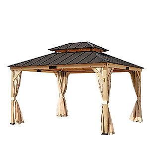 MELLCOM 11' x 13' Asphalt Hardtop Gazebo, Spruce Wood Double Roof Gazebo with Curtains and Meshes, Canopy Gazebo with Waterproof Coated Wood Frame for Patios, Gardens, Lawns, and Backyards