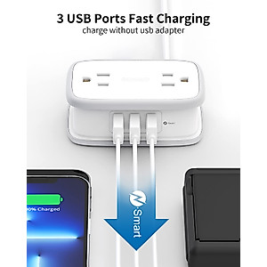 Travel Power Strip with USB Ports, NTONPOWER 4 Outlets 3 USB with 4FT Wrapped Short Extension Cord Flat Plug, USB Portable Desktop Charging Station, Compact for Hotel Travel Cruise Essentials, White