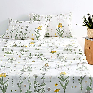 Wake In Cloud - Botanical Bed Sheets, 100% Cotton, 4-Piece Sheet Set, Cute Floral Shabby Chic Cottagecore Coquette Flower Aesthetic Bedding, Deep Pocket, Yellow Green, Twin Size