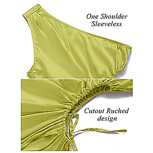 MEROKEETY Summer Dress for Women 2023 Satin One Shoulder Sleeveless Wedding Guest Maxi Dress,Olive,M