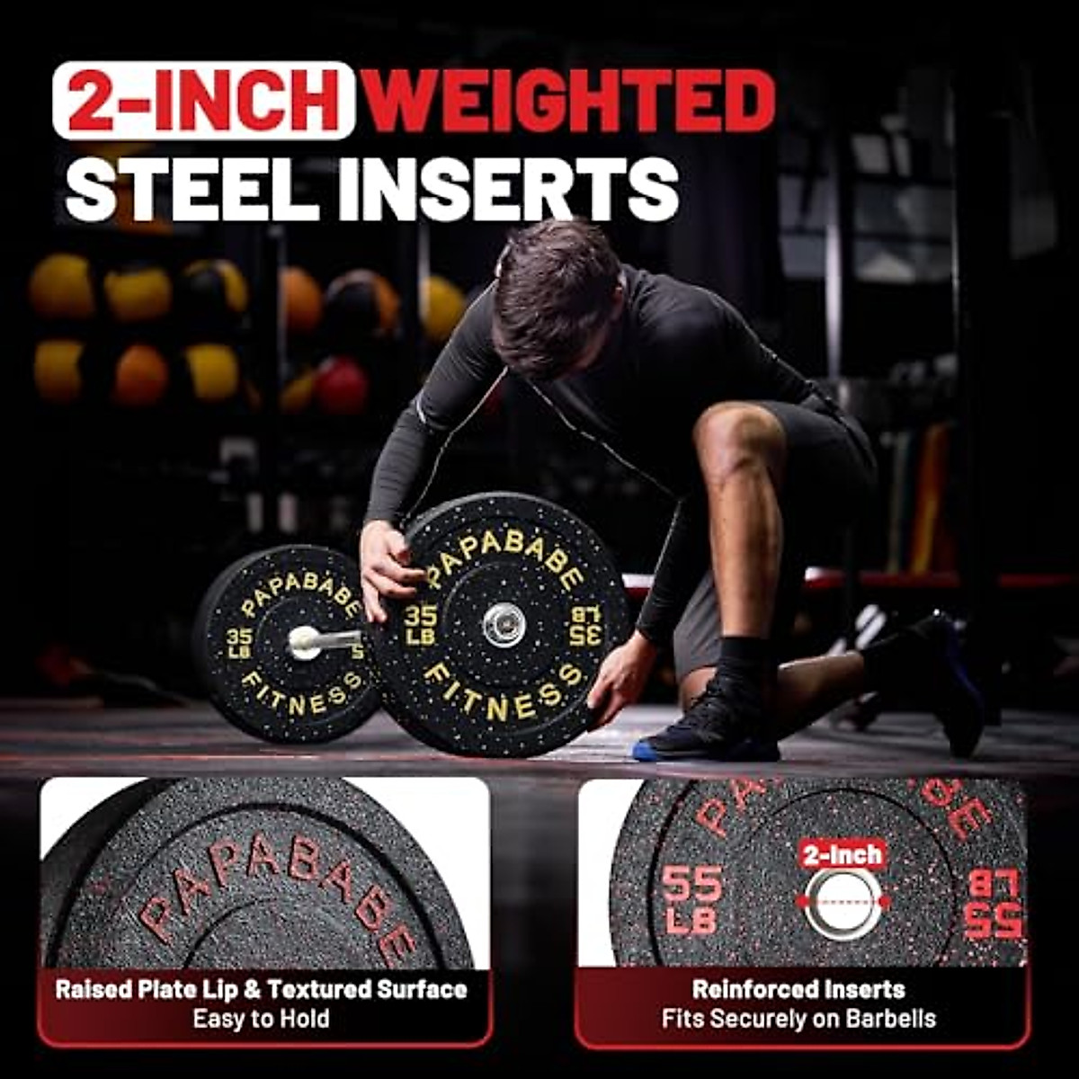 papababe High-Bounce Bumper Plates, Olympic Weight Plates with Colored Fleck-Rubber, Weight Plate for Weightlifting and Strength Training (55 LB, Pair)