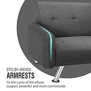 IULULU Futon Sofa Bed, Convertible Couch with 2 Cup Holders Loveseat with Armrest for Studio, Apartment, Office, Living Room, Dark Grey