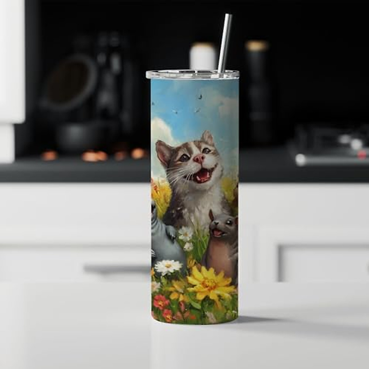 Tumbler with Lid and Straw Cartoon Animals in Flowers thermos coffee travel mugcute cups 20 oz insulated tumbler for Daily Holiday Decor Gift coffee cup