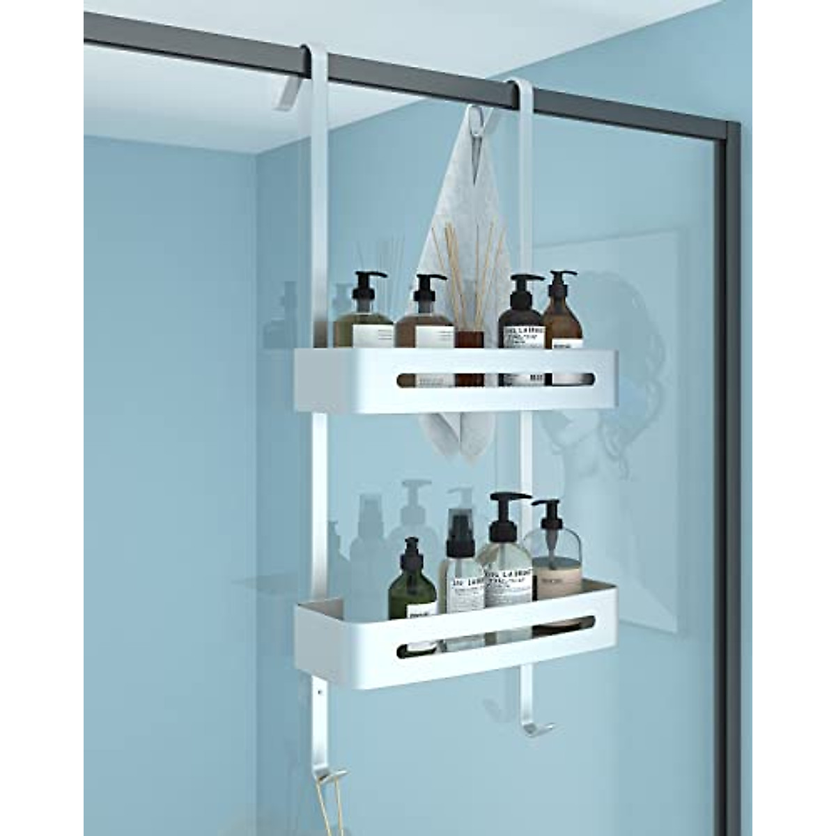 TZAMLI Hanging Shower Caddy Over The Door Shower Organizer, Aluminum Shower Shelf Bathroom Storage Rack with Hook and Basket (Silver-Silver, 2-Tier)