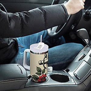 Nexawaveo Mooring Rose Beige Tumbler With Handle And Straw 30-40oz Insulated Tumbler Cups With Lid Stainless Steel for Cold Water and Drinks for School Work Sports Car Travel and Weekends