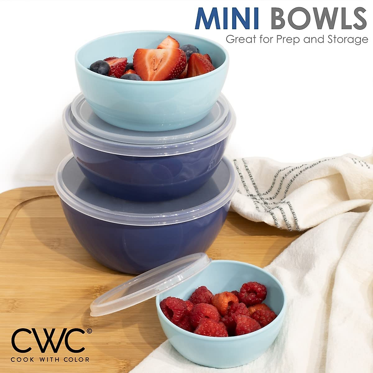 COOK WITH COLOR Plastic Prep Bowls - Mini Bowls with Lids, 8 Piece Nesting Bowls Set includes 4 Prep Bowls and 4 Lids (Ombre Blue)