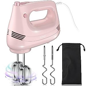 GUALIU Electric Hand Mixer with Stainless Steel Egg Beater, Dough Hook Attachment and Storage Bag Compact Lightweight Hand Mixer for Baking Cakes, Eggs, Cream Food Mixers. Turbocharged /5 Speed + Eject Button Kitchen Blender PINK