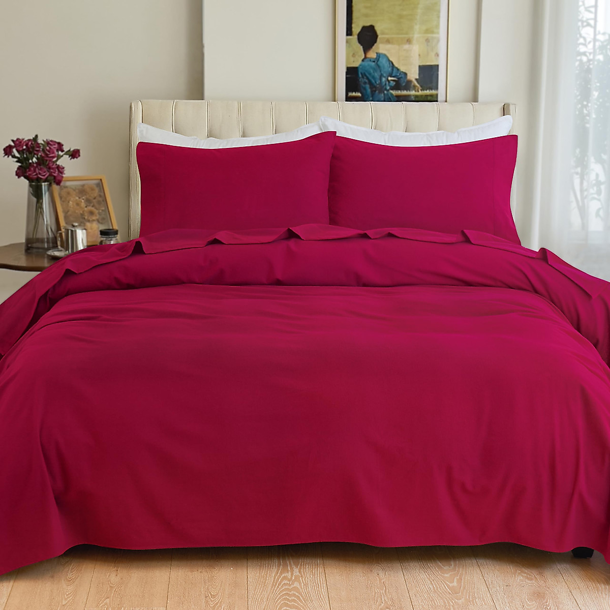 Elegant Comfort Soft 4-Piece 100% Turkish Cotton Flannel Sheet Set - Premium Quality, Deep Pocket Fitted Sheet, Ultra Soft, Cozy Warm Flannel Sheets - Full, Burgundy