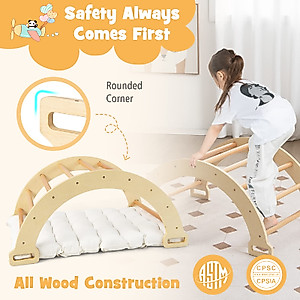 Costzon Wooden Arch Rocker with Cushion, 3-in-1 Montessori Climbing Toys for Toddlers, Children Indoor Outdoor Playground Climbing Gym Learning Playset, Arch Climber Ladder for Kids Gift Presents