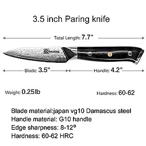 DDAUOSG Paring Knif 3.5 inch Japanese VG10 Super Steel 67 Layer High Carbon Stainless Damascus Steel Peeling Utility knives
