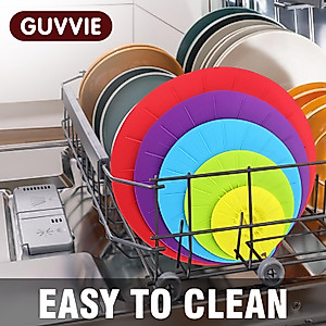 Guvvie Silicone lids - 5 Pack Heat Resistant Microwave Splatter Cover, Reusable silicone Suction lids for food storage Fits Bowls, Cups, Skillets, Plates, Pots, Pans StoveTop, Oven, Fridge Safe