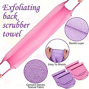 Exfoliating Back Scrubber with Handles 4 Packs Nylon Back Exfoliator Extended Length Back Washers Scrubbers Stretchable Pull Strap Exfoliating Washcloth (Purple, Pink)