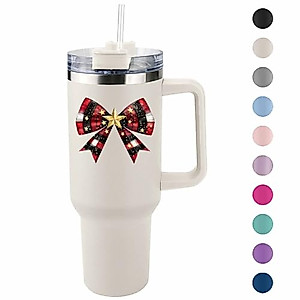 LB LEOBON 40 ounce insulated cup with handle, double-layer vacuum stainless steel material, equipped with straw, can keep warm or maintain cold drinks Red and Black Plaid Bow white