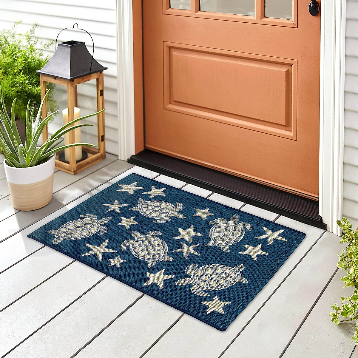 Liora Manne Esencia Machine Washable Non-Slip Low Profile Indoor/Outdoor Mat-Transitional, Coastal, Turtle, Whimsical, Turtle and Stars Navy 2' x 2'10"