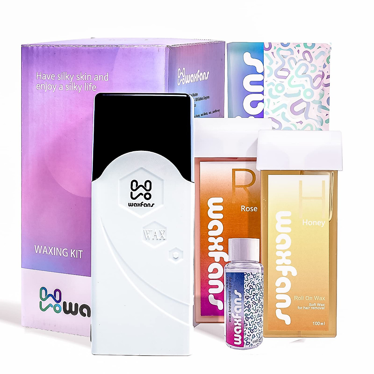 Waxfans Roll on Wax Kit, Hair Removal Waxing Kit, Wax Roller for Larger Areas of the Body, Home Waxing Kit for Women and Men, Sensitive Skin Friendly (White)