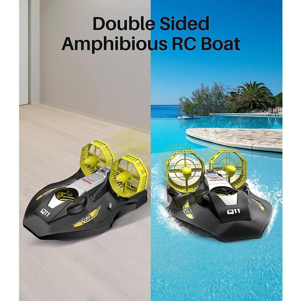 SYMA Remote Control Boat for Kids and Adults, 2.4GHz Q11 Amphibious RC Boats for Land, Pools and Lakes with Double Power, Low Battery Reminder, Speed Hovercraft Toys Gifts for Boys Girls