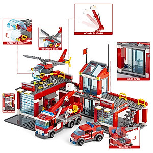 QLT QIAOLETONG City Fire Station Building Kit, 774 Pcs Building Set Including Fire Station, Fire Truck, Fire Helicopter,Fire Fighter, City Building Blocks STEM Toys Gift for Boys 6-10 Years Old.