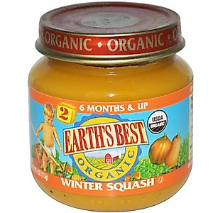 Earth's Best Organic Baby Food Jars, Stage 1 Vegetable Puree for Babies 4 Months and Older, Organic Winter Squash, 4 oz Resealable Glass Jar