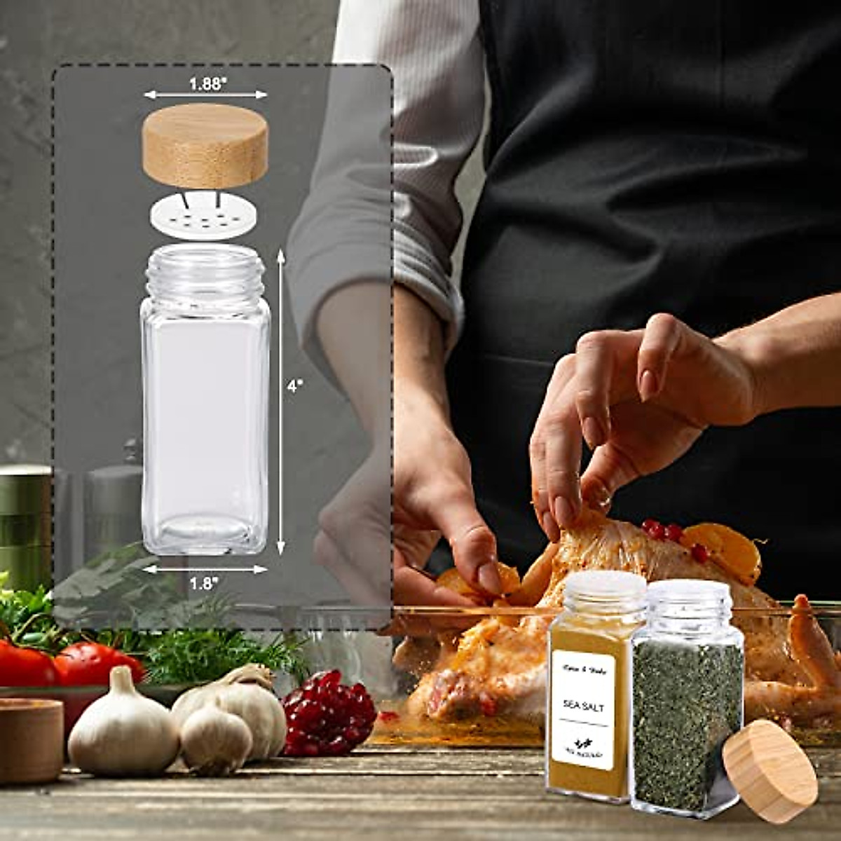 CUCUMI 12 Pcs Spice Jars with Labels and Bamboo Lids, 4oz Empty Square Spice Bottles with Shaker Lids, Collapsible Funnel, Chalk Pen, Seasoning Containers for Spice Rack, Drawer, Cabinet