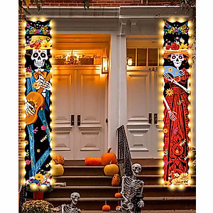 Aovaely LED Day of The Dead Sign Banners Decorations, Light Up Sugar Skull Dia De Los Muertos Altar Decorations for Halloween Day of The Dead Party Outdoor Indoor Home Decor Supplies 71x12 Inches