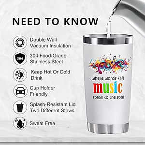 EchoMaven Music Gifts for Teachers & Lovers - 20oz Travel Tumbler, White - Where Words Fail, Music Speaks to the Soul - Perfect for Christmas & Birthdays