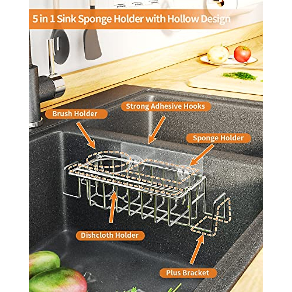 SWTYMIKI 5 in 1 Sponge Holder for Kitchen Sink, Stainless Steel Sink Caddy with Dishcloth Holder for Brush & Sponge in Sink Sponge Caddy with 2 Strong Adhesives in Silver