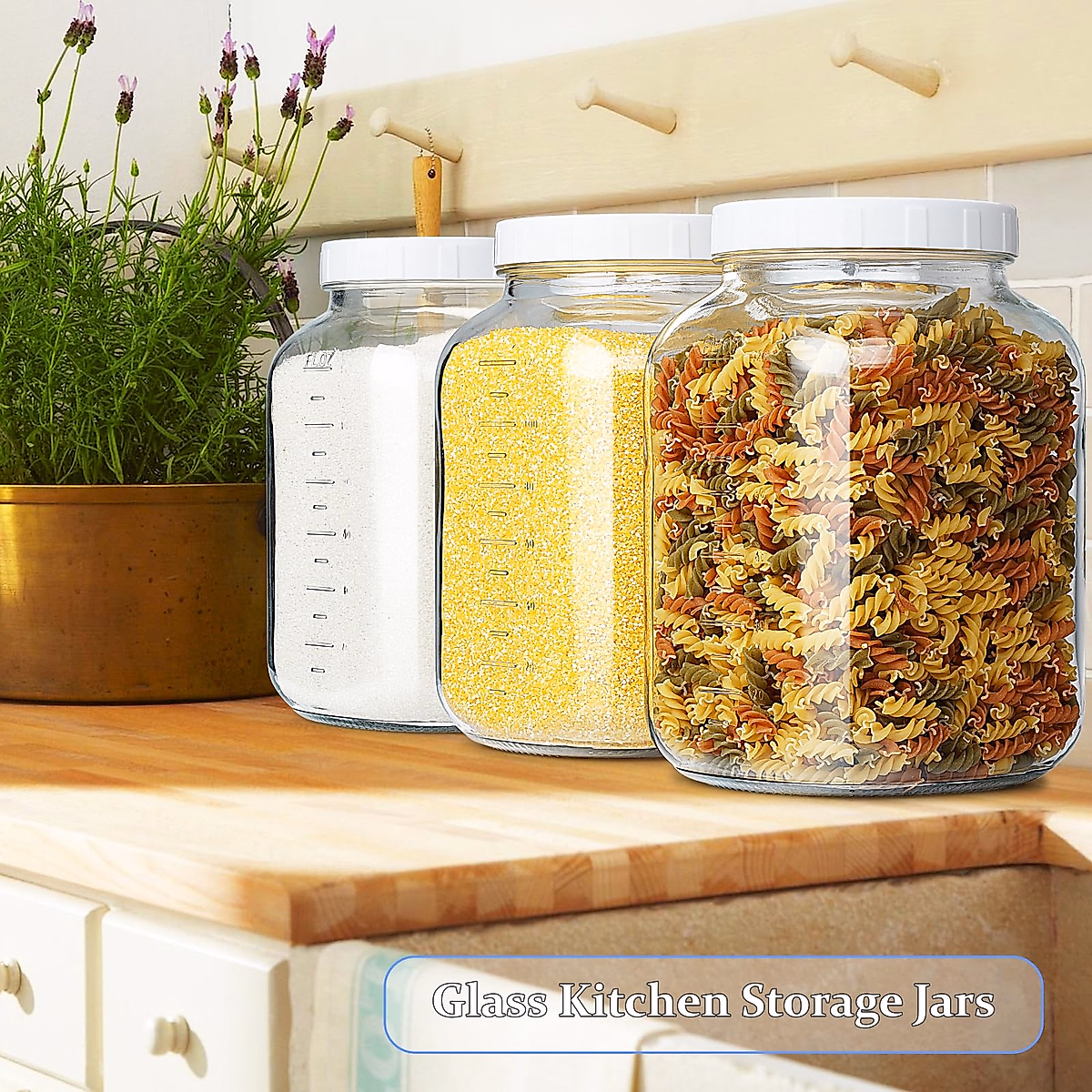 2 Pack 1 Gallon Large Fermentation Jars w 2 SCREW Lid and 3 Airlock - 100% Airtight Lid, Wide Mouth Glass Jar, Pickle Jar w Scale Mark for Sourdough Starter