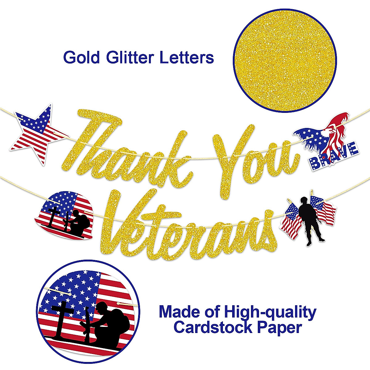 Veterans Day Banner, Thank You Veterans Glitter Letter Banner Cardstock Paper Garland Patriotic Party Decorations