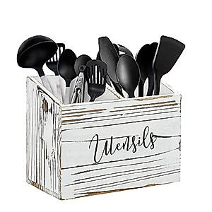 Wood Utensil Caddy for Kitchen Countertop, Utensil Holder with 2 Compartments, Wood utensil Crock for Kitchen Counter, Kitchen Utensil Organizer for Countertop, Rustic White