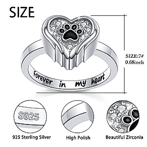 S925 Sterling Silver Paw Angel Wing Love Heart Urn Ring for Ashes Pets Dogs Cats Keepsake Memorial Cremation Jewelry Gifts Women Size 7