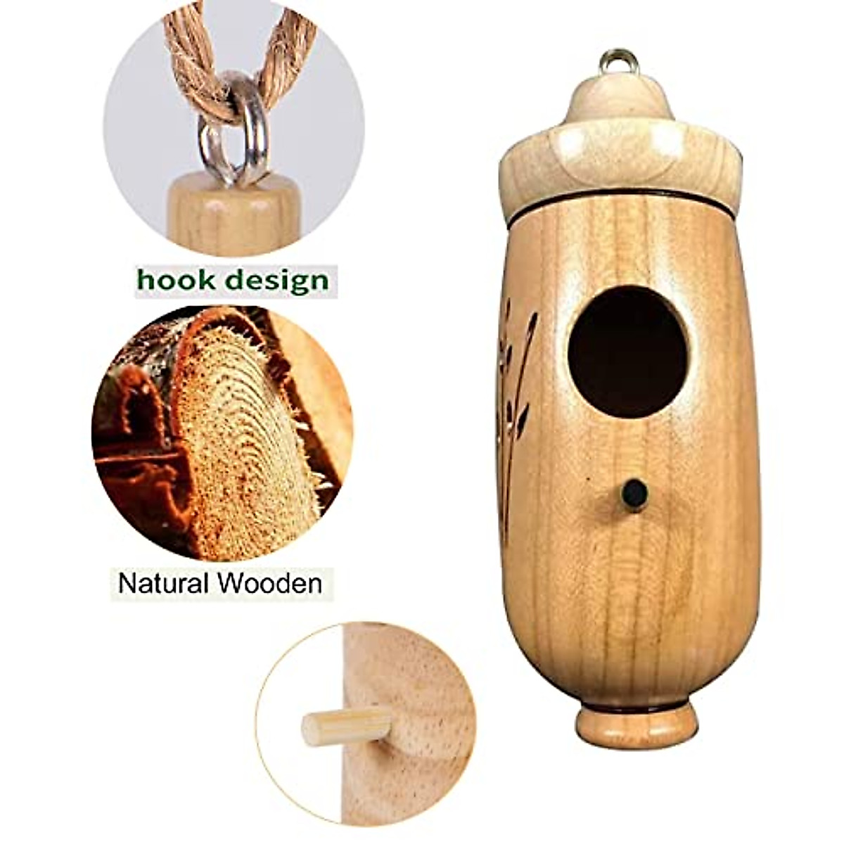 3Pcs Hummingbird House, Wooden Hummingbird House for Outside Hanging, Cute Humming Bird Nest with Hemp Ropes, Hanging Bird Houses for Outdoor Garden Home Decor, Nesting Birdhouse Nature Lovers Gift(B)