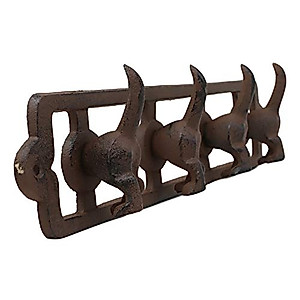 Ebros Cast Iron Whimsical Rustic Wagging Puppy Dog Tails 4 Pegs Quad Wall Hooks 13.75" Wide Hanger Dogs Themed Wall Mount Leash Coat Hat Keys Hook Decor Hanging Sculpture Plaque