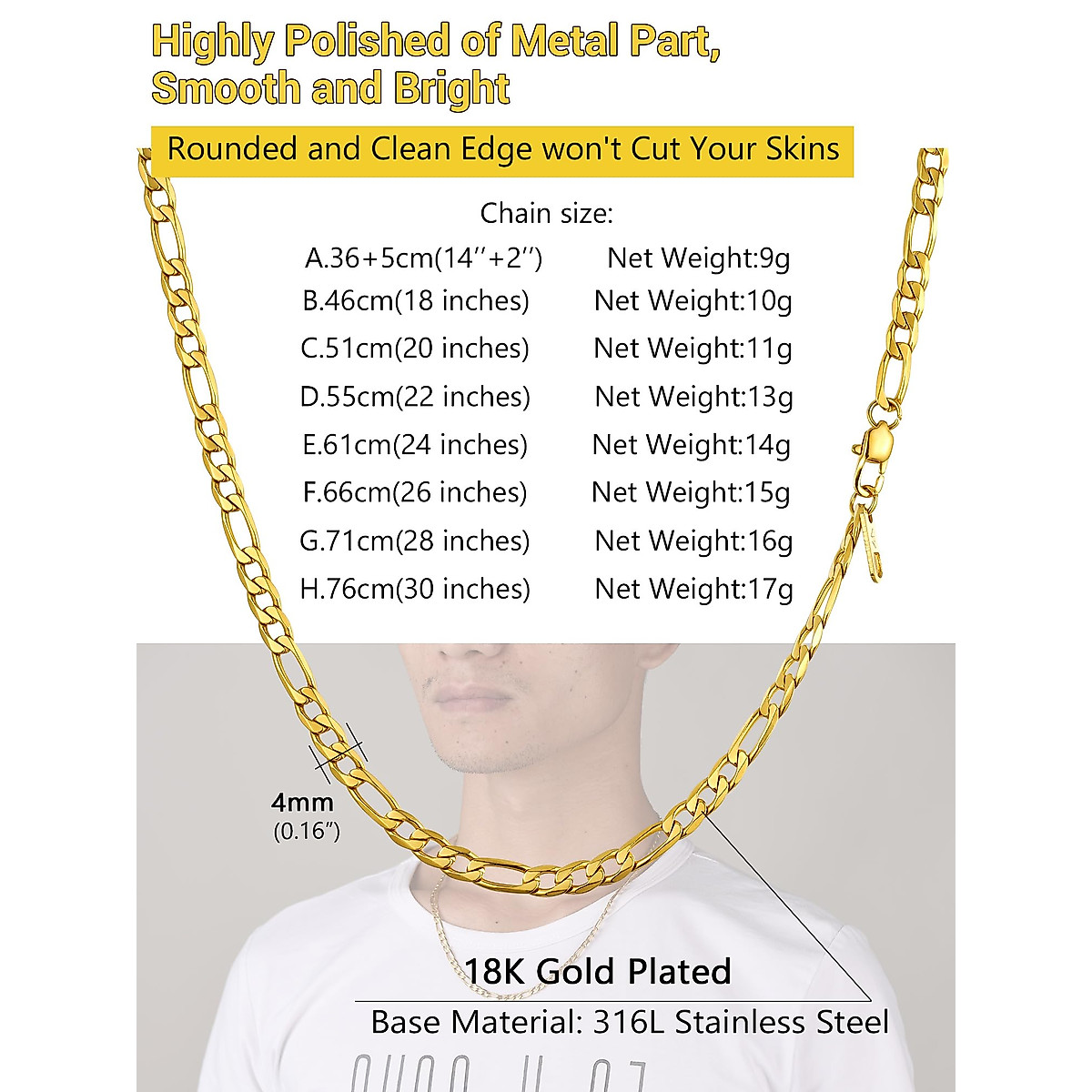 PROSTEEL Figaro Chain Gold Necklace 4mm Dainty Cute Chains 14 Inch Layered Necklaces For Men