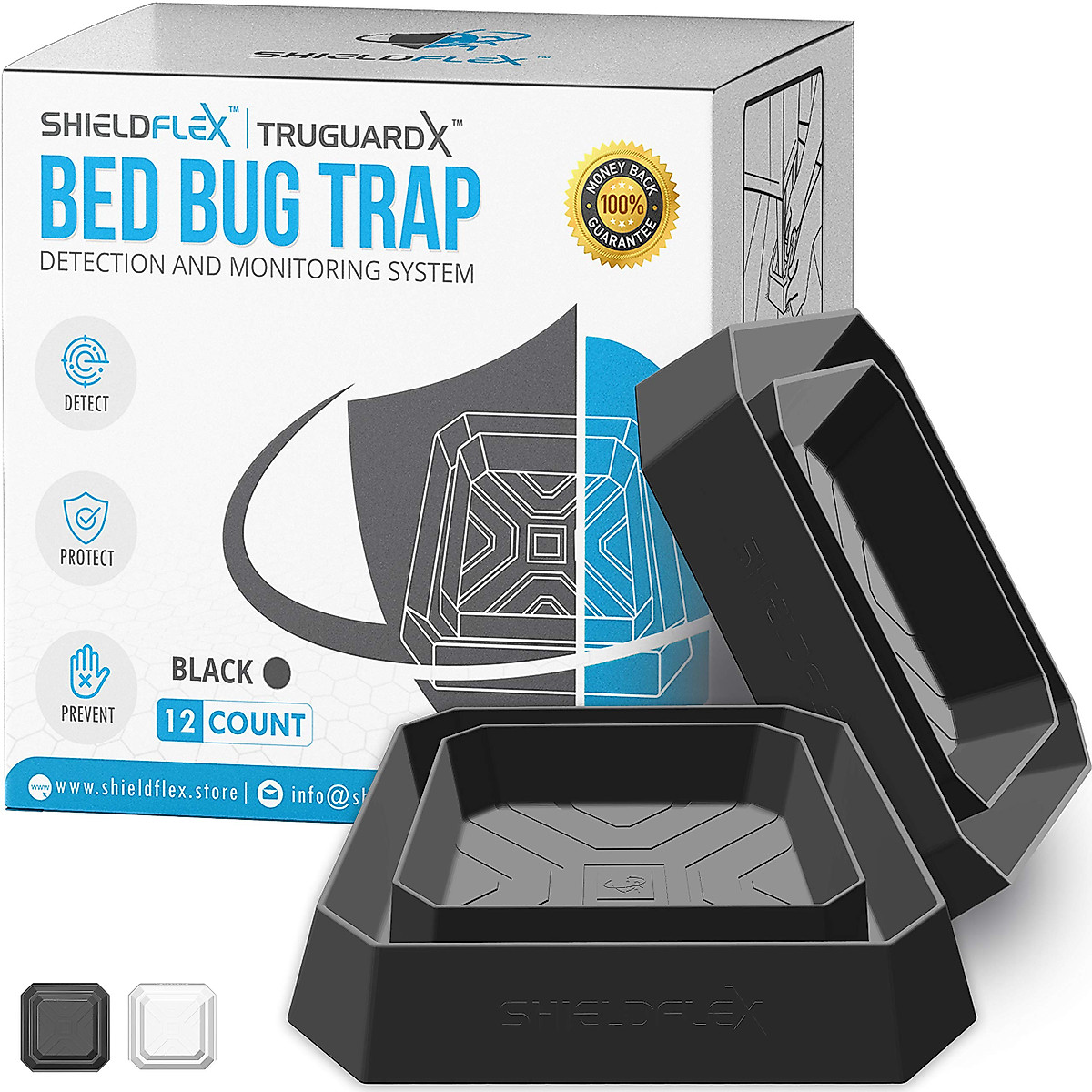 Bed Bug Trap — 12 Pack | TruGuard X Bed Bug Interceptors (Black) | Eco Friendly Bed Bug Traps for Bed Legs | Reliable Insect Detector, Interceptor, and Monitor for Pest Control and Treatment
