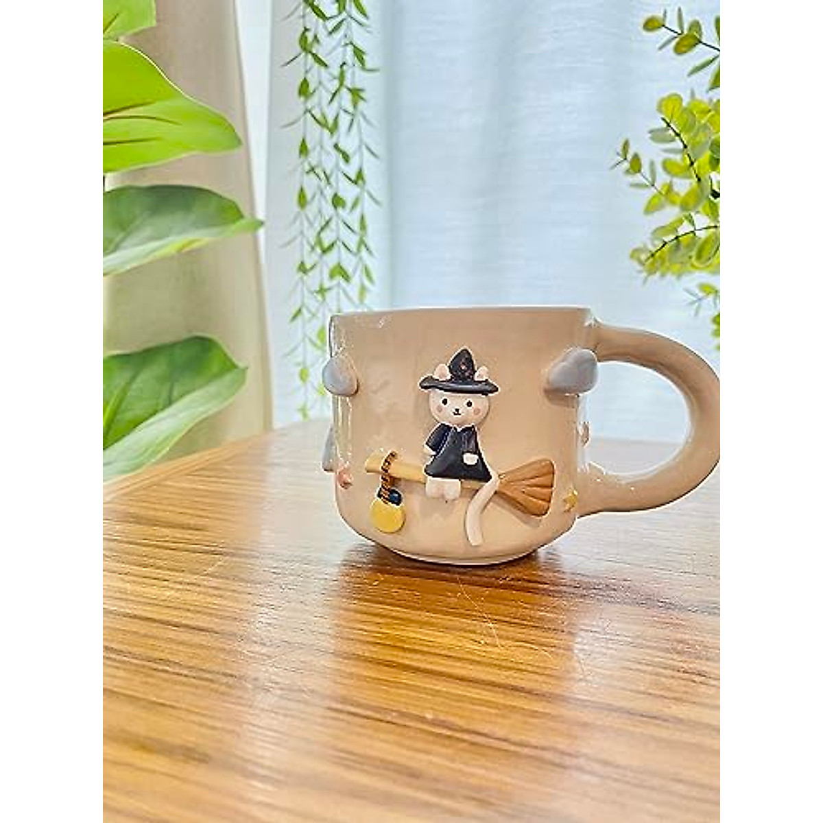 Witch cat on the broom wizard world, magic white Handmade ceramic cup, Hand-painted mug, Unique Surprise gift for Christmas or Birthday. Dishwasher and Microwave safe