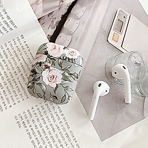 HJWKJUS Compatible with AirPods 1&2 Case for Women Girls, Pink Floral and Gray Leaves Pattern Case with Anti-dust Shockproof Protective Hard Cover for AirPods 1&2-Elegant Flower