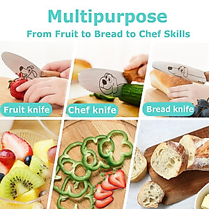 Kizzikids Kids Safe Knife Set for Real Cooking, 4-Piece Kids Knife Set Round Tip, Serrated Edges Kitchen Knife for Kids, Firm Grip Children Knives, BPA-Free Metal Kids Knife Set