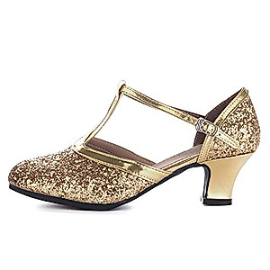 DKZSYIM Women's Latin Dance Shoes Ballroom Performance Dance Shoes Model KM838, Gold, 9 B(M) US