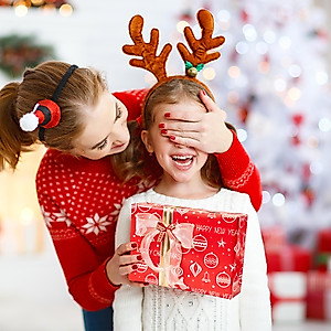 Toptime Christmas Wrapping Paper, Red and White Gift Wrapping Paper Sheets of 6 with Angel, Xmas Tree, Bells, Reindeer, Flat Cute Christmas Gift Wrap for New Year, Holiday, Art Crafts, 27.6x19.7in