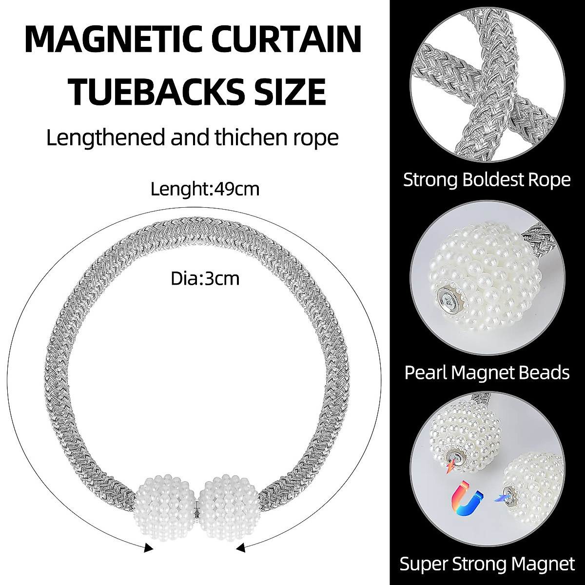MAJOYLIFE Magnetic Curtain Tiebacks 6 Pack,Curtain Holdbacks Magnetic,Pearl Curtain Tie Backs for Home and Office Decoration(Grey)