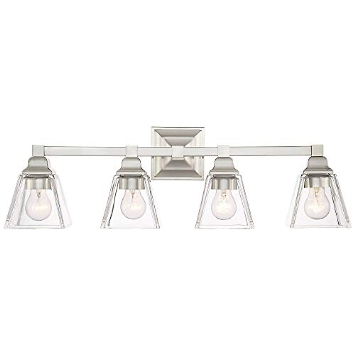 Regency Hill Mencino Mid Century Modern Wall Light Satin Nickel Silver Metal Hardwired 28" Wide 4-Light Fixture Clear Glass Cone Shade for Bathroom Vanity Mirror House Home Room Decor